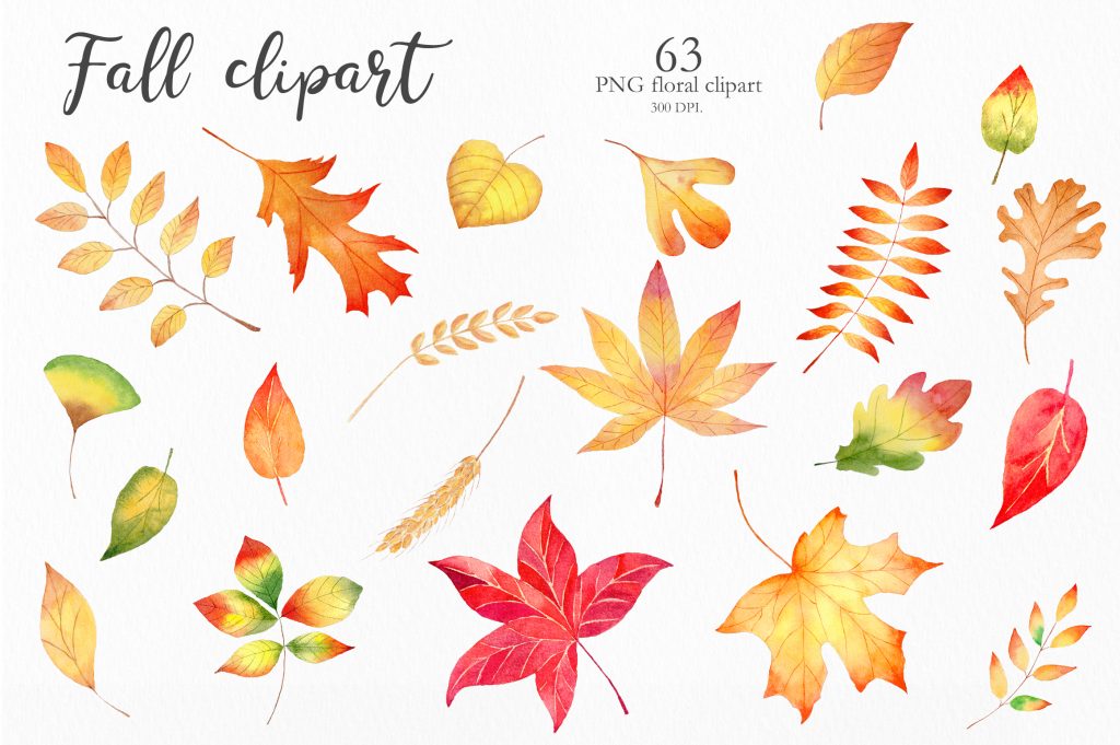 Fall Watercolor Clipart with Leaves and Pumpkins