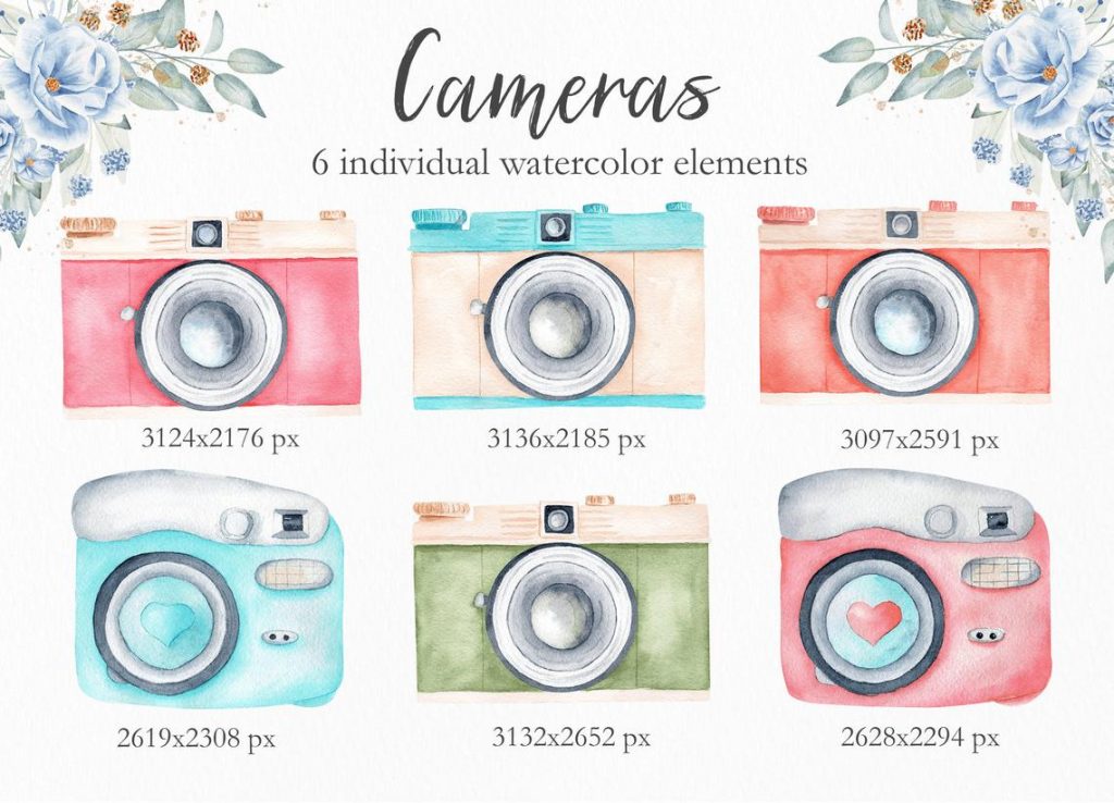 SunRayArt Designs - Watercolor Camera Clipart Set.