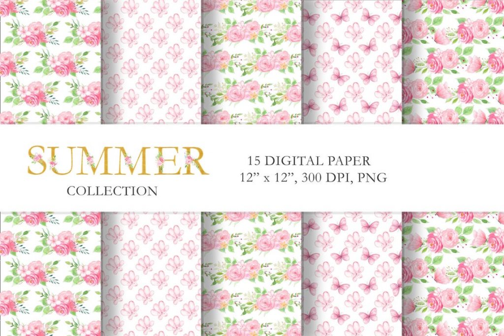 SunRayArt Designs - Watercolor Floral & Butterflies Digital Paper