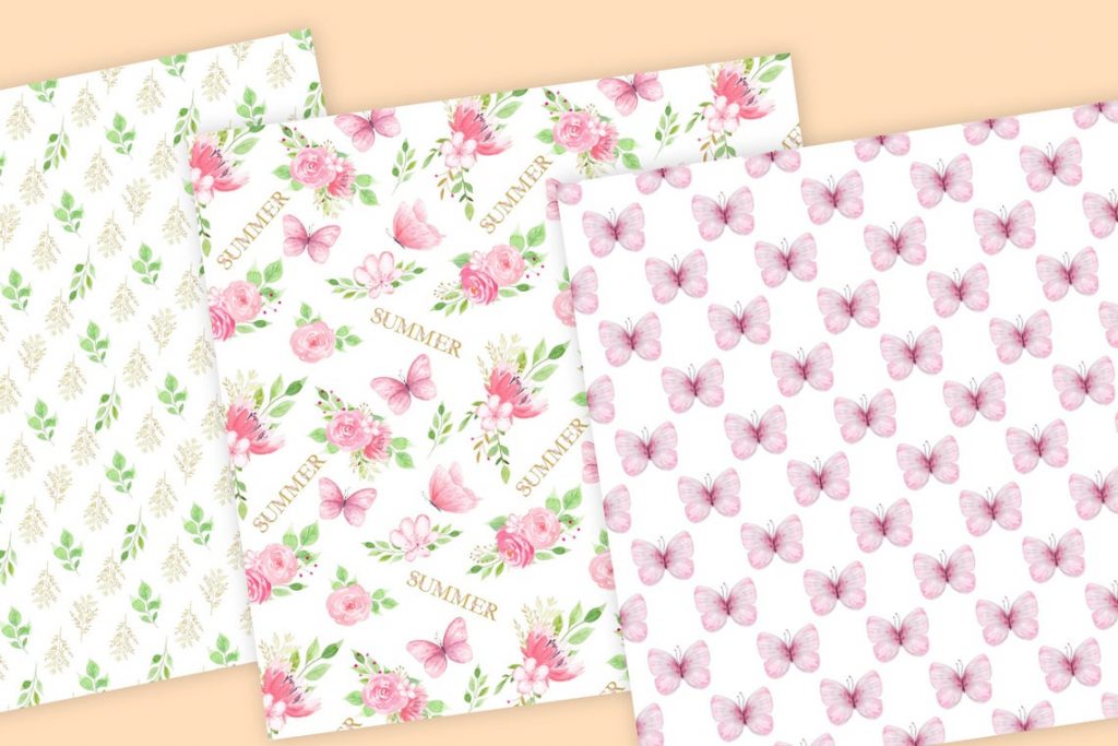 SunRayArt Designs - Watercolor Floral & Butterflies Digital Paper