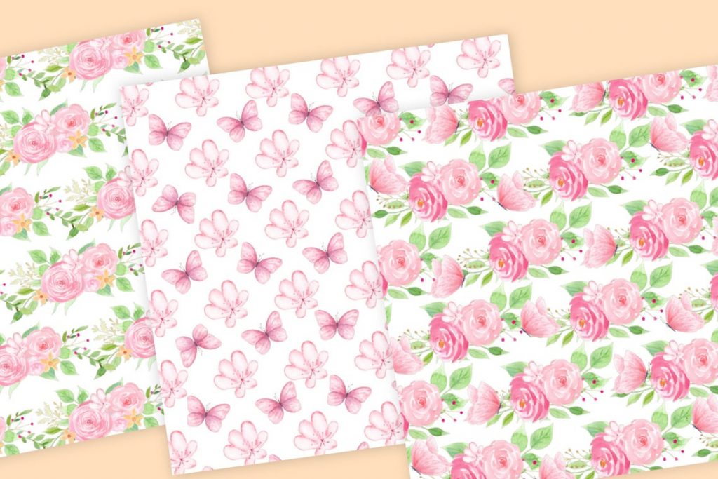 SunRayArt Designs - Watercolor Floral & Butterflies Digital Paper