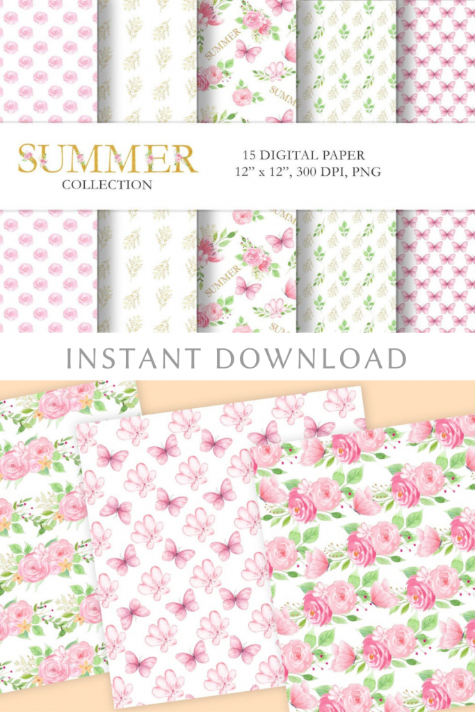 SunRayArt Designs - Watercolor Floral & Butterflies Digital Paper