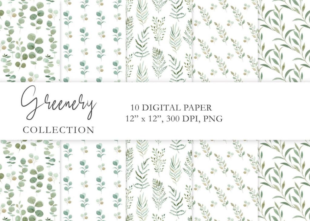 SunRayArt Designs - Watercolor Greenery Leaves Seamless Digital Paper