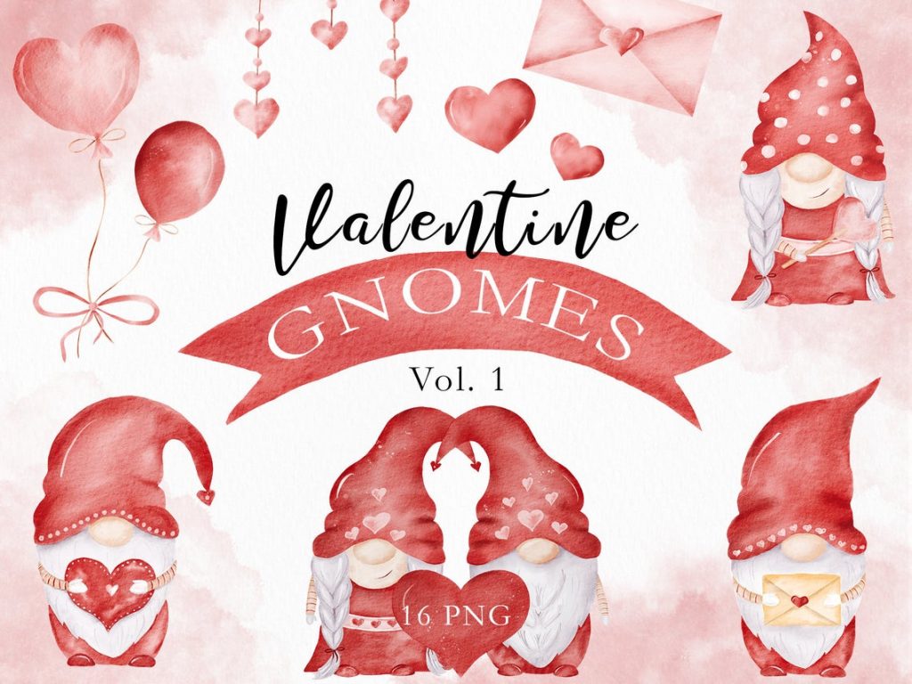 SunRayArt Designs - Watercolor Valentine Gnome Clipart Set
