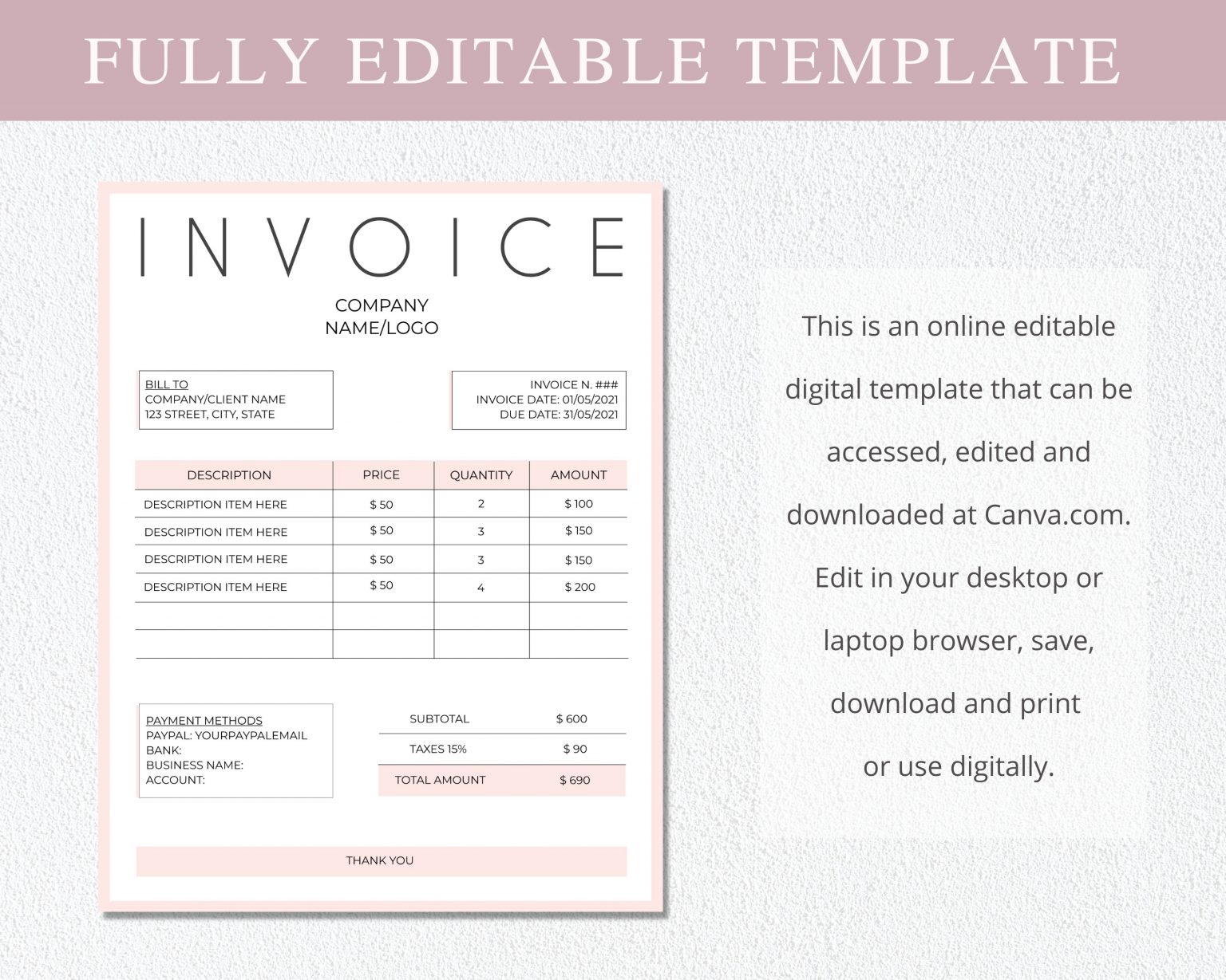 SunRayArt Designs - Invoice Editable Template, Business Forms