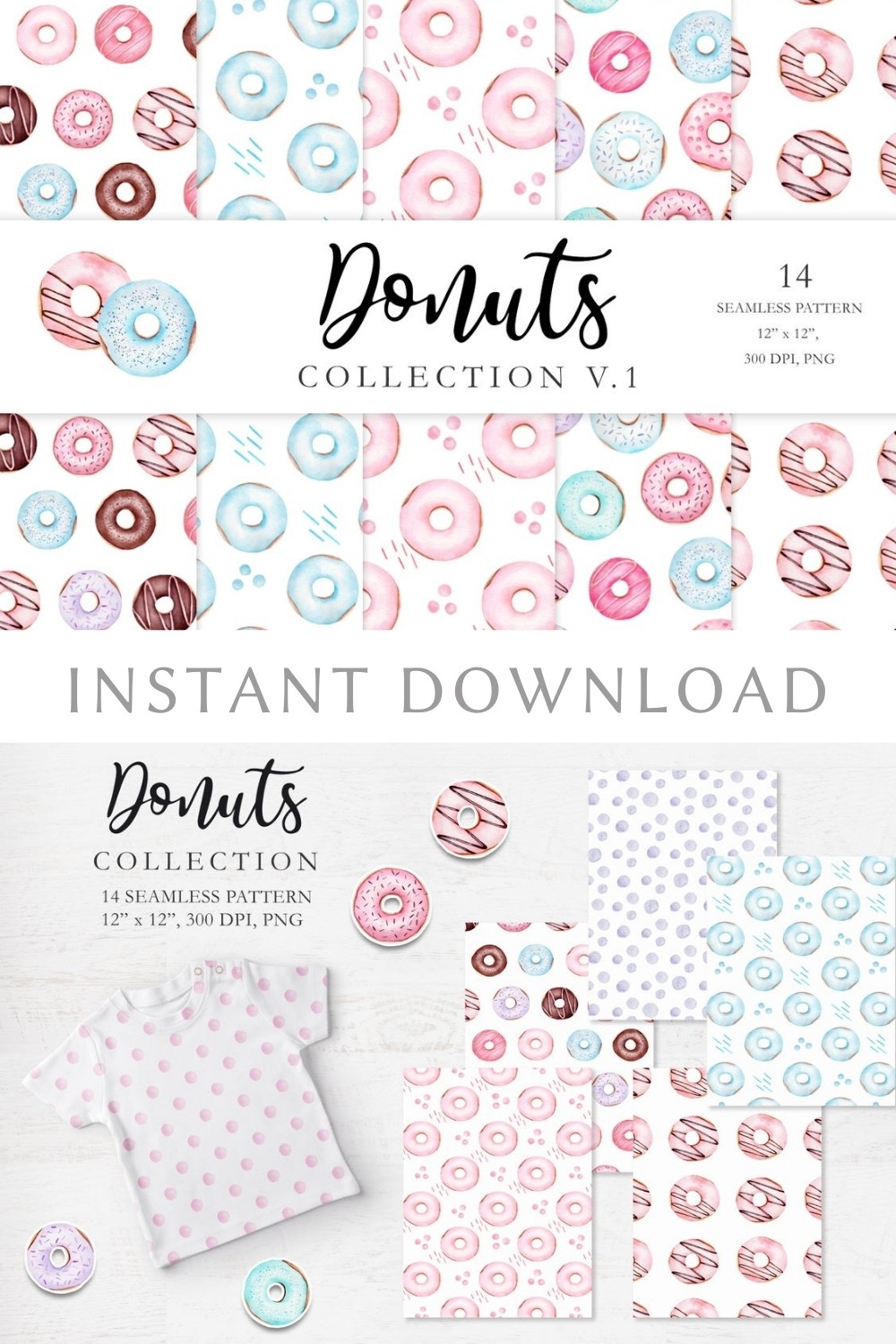 SunRayArt Designs - Donuts Watercolor Seamless Digital Paper Set.