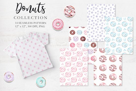 SunRayArt Designs - Donuts Watercolor Seamless Digital Paper Set.