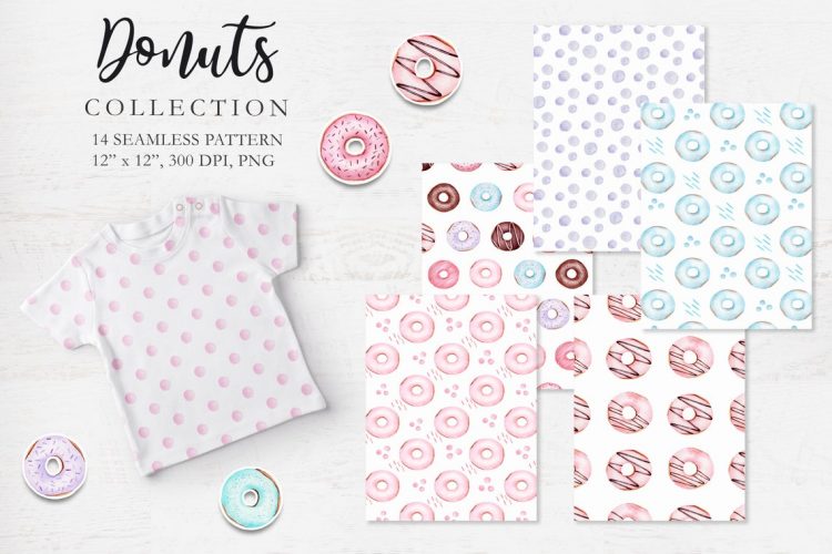 SunRayArt Designs - Donuts Watercolor Seamless Digital Paper Set.