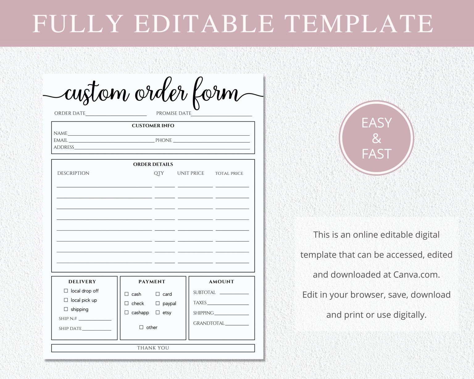 SunRayArt Designs - Custom Order Form Template, Editable Forms