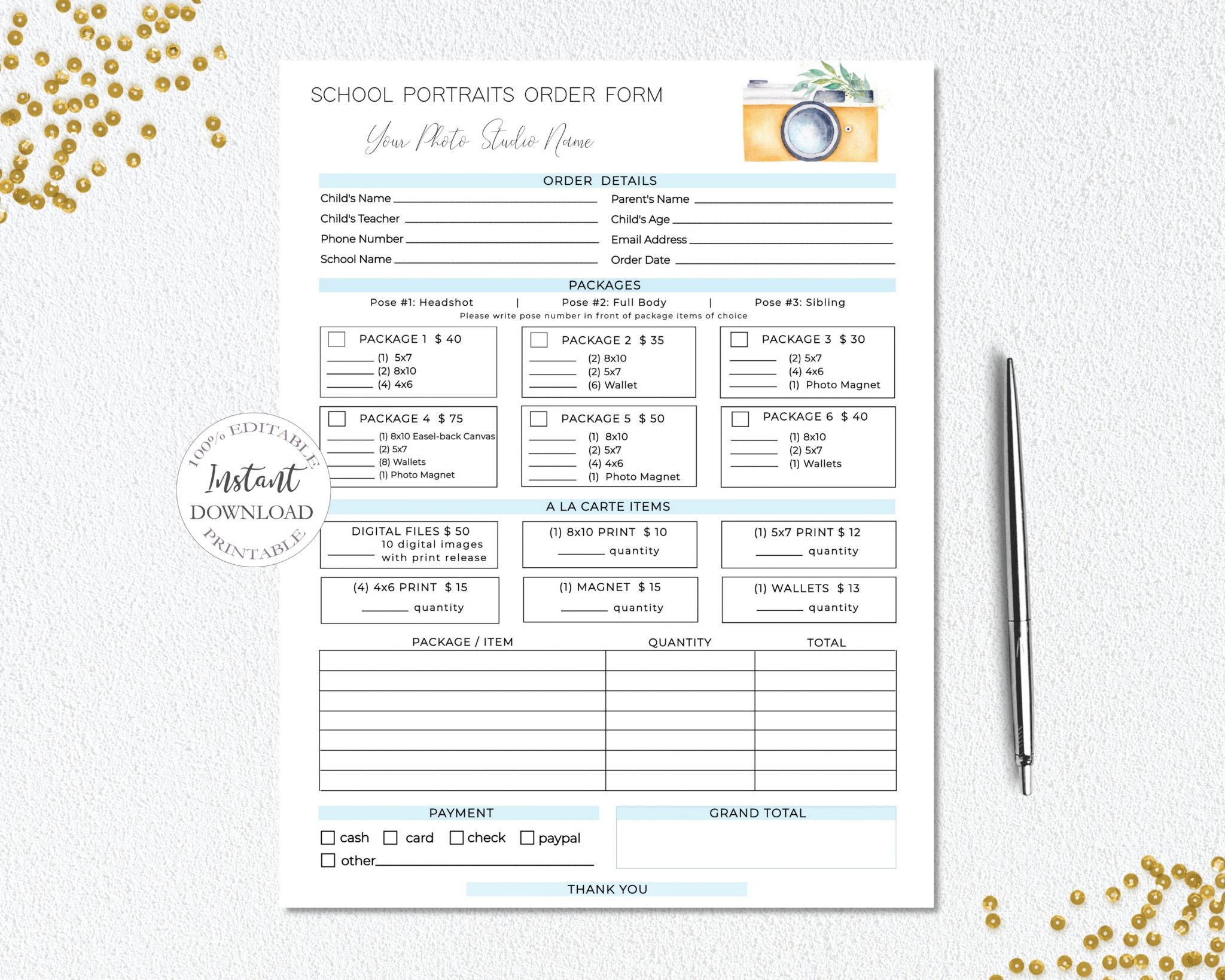 SunRayArt Designs - School Photography Order Form Editable Template