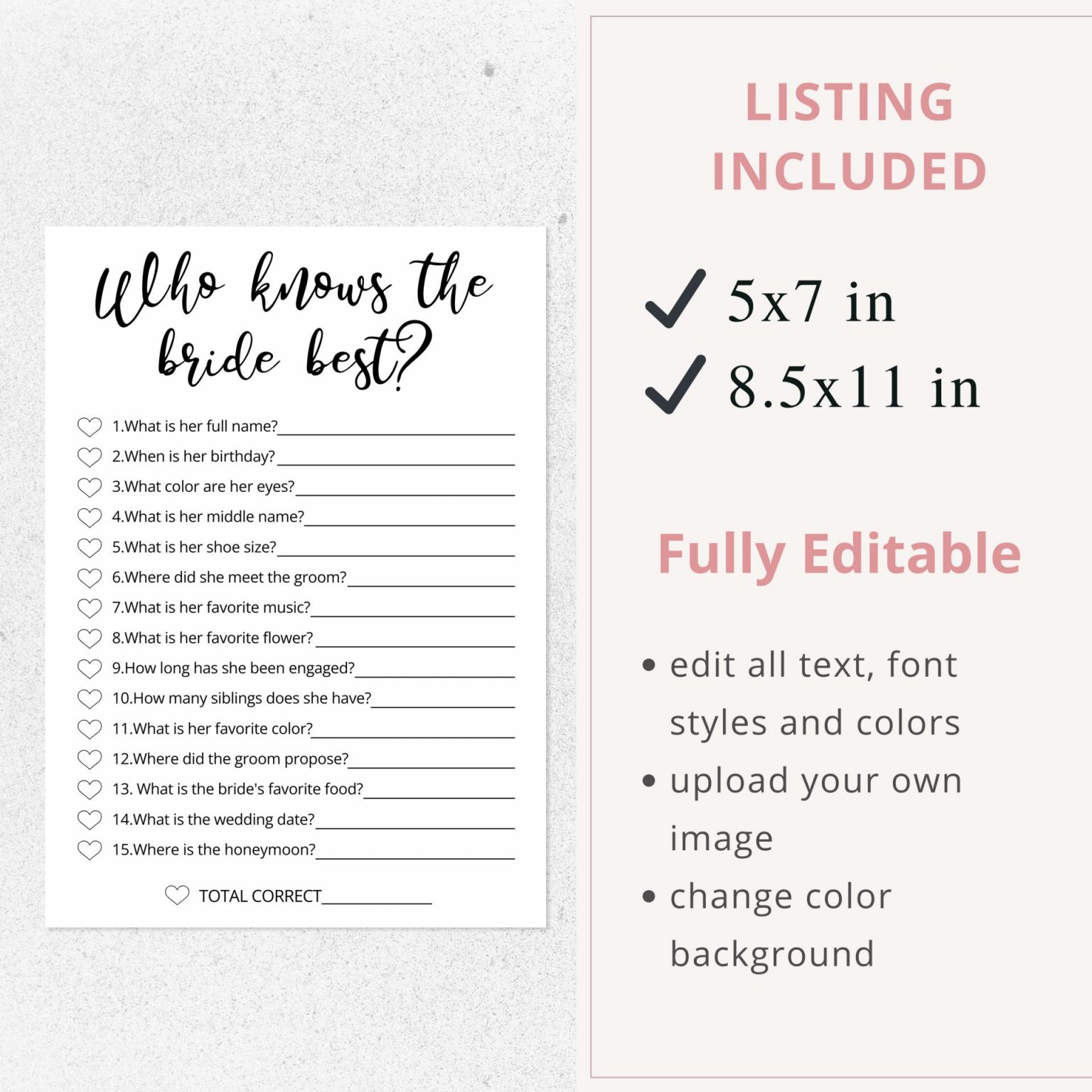 SunRayArt Designs - Who Knows The Bride Best - Bridal Shower Game Printable