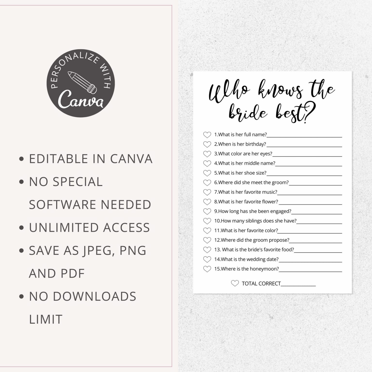 SunRayArt Designs - Who Knows The Bride Best - Bridal Shower Game Printable