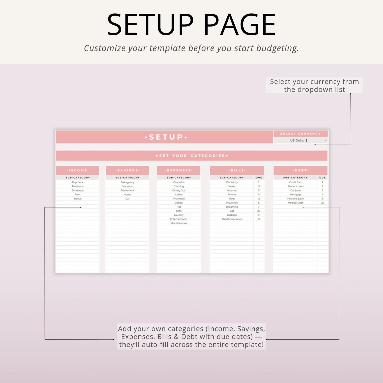 SunRayArt Designs - Pink Monthly Budget Template – Google Sheets Bills ...