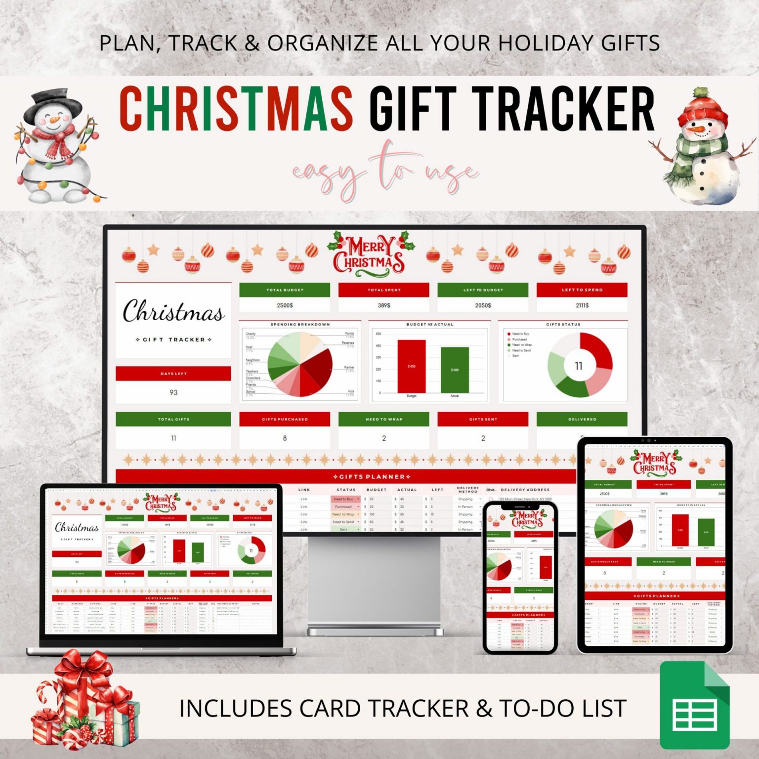 Christmas Gift Tracker Google Sheets Budget Planner